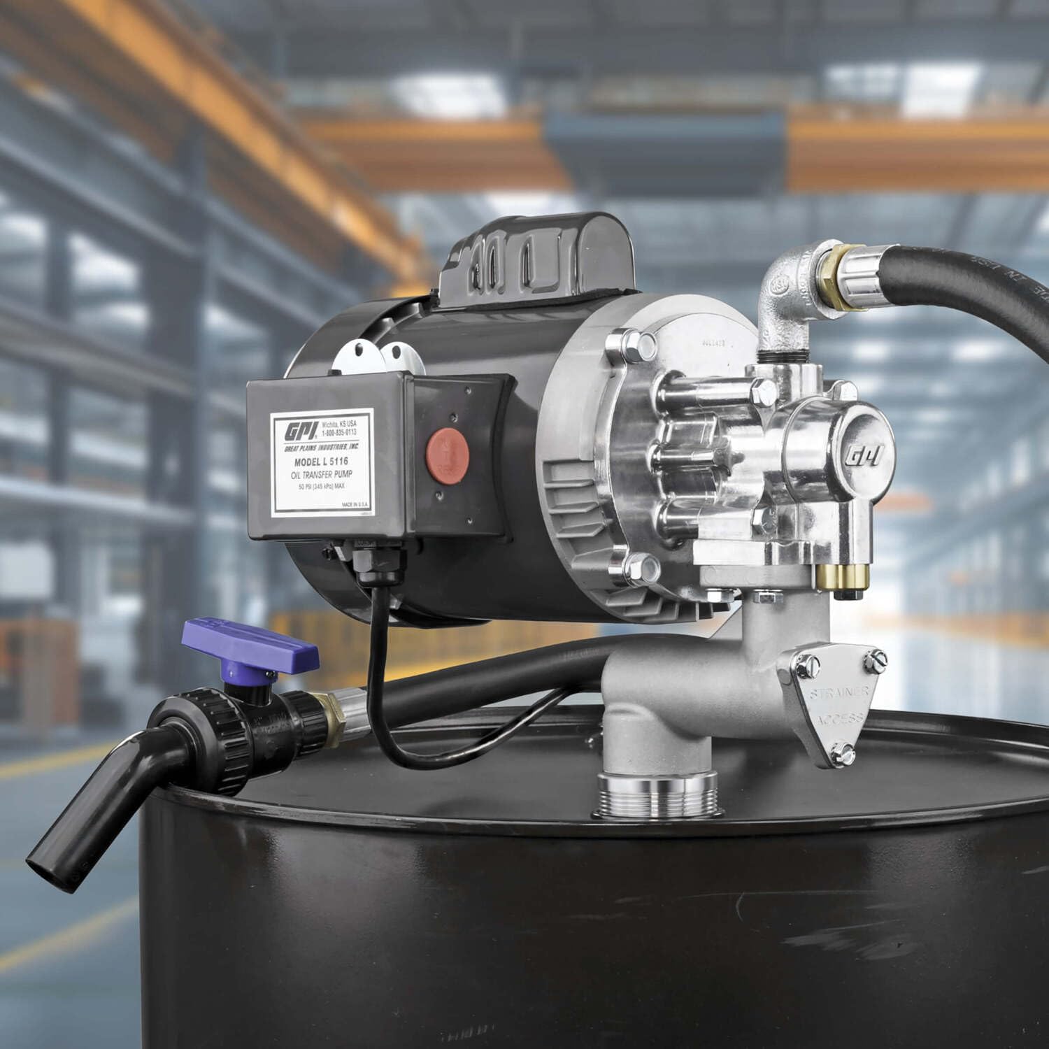GPI - L5116 High Viscosity Oil Pump, 16 QPM, 115V/230AC Oil Transfer Pump for Viscous Fluids that Features a 0.75โ Ball Valve Nozzle, 8 Foot Hose, 3 Foot Power Cord with Three-Prong Plug (142100-01)
