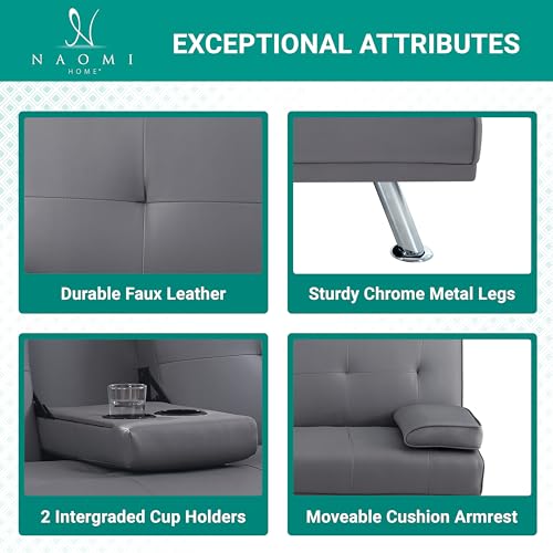 Space-Saving Design: Convertible Futon Sofa Bed, Versatile Comfort - Sturdy Build Modern Faux Leather Futon Couch - Low-Maintenance Upholstery - Customizable Positions - Easy Assembly - Gray
