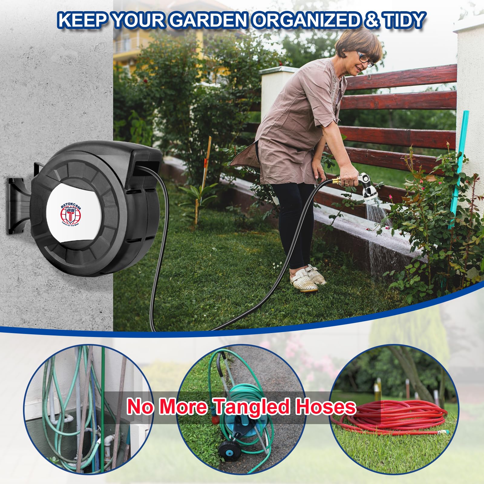5/8" 66ft Retractable Garden Hose Reel by BSTOKCAM, Hybrid Rubber Hose, Water Hose Reels Automatic Rewind Storage, 10 Patterns Nozzle Included