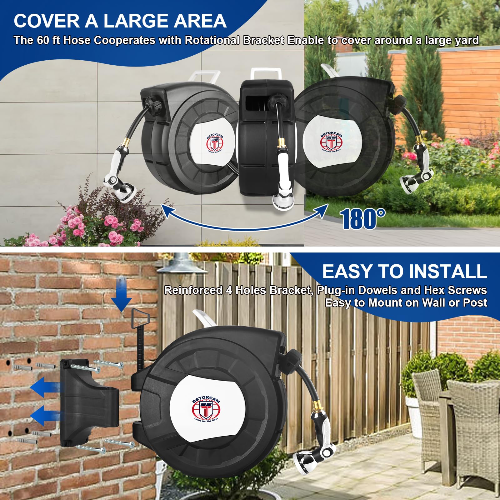 5/8" 66ft Retractable Garden Hose Reel by BSTOKCAM, Hybrid Rubber Hose, Water Hose Reels Automatic Rewind Storage, 10 Patterns Nozzle Included