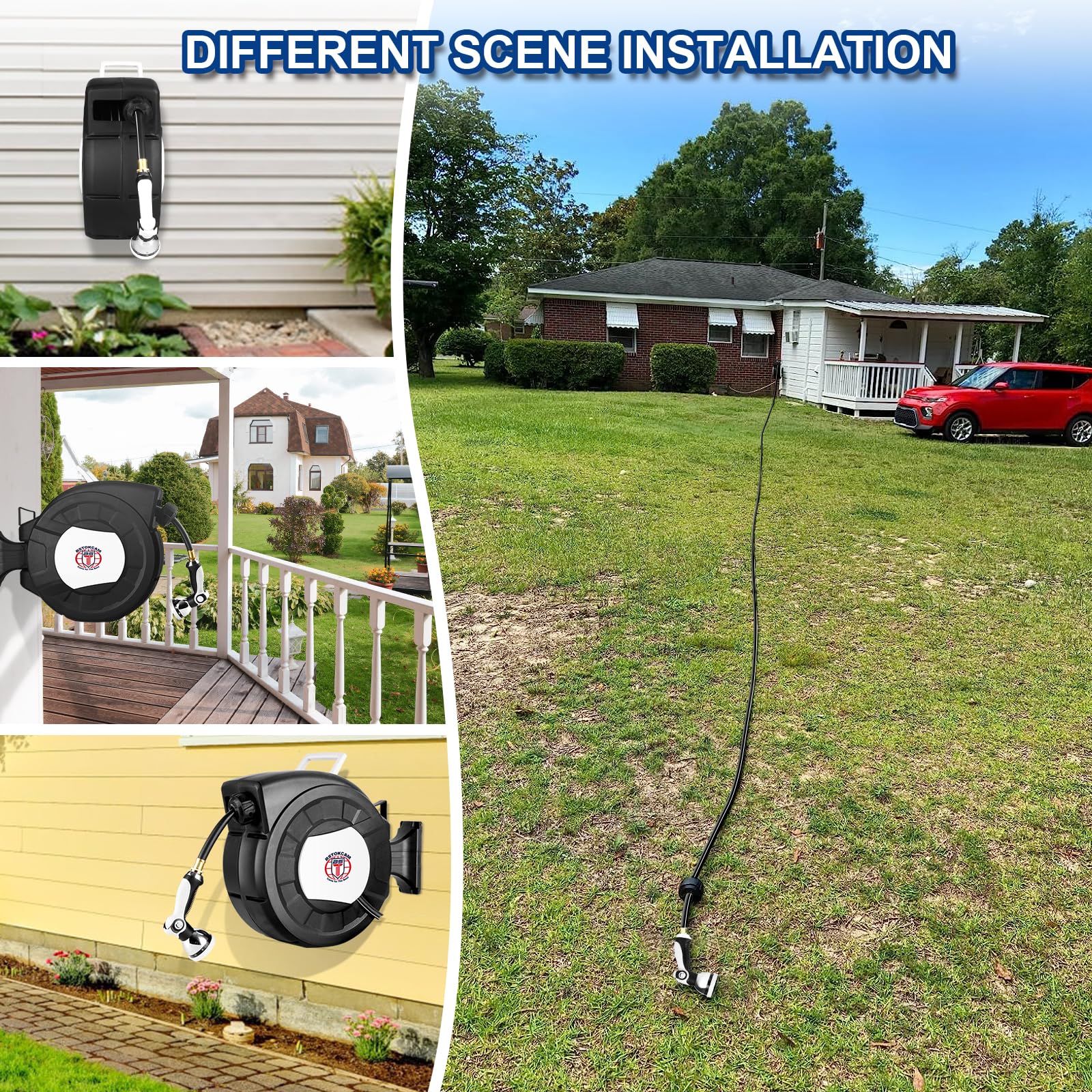 5/8" 66ft Retractable Garden Hose Reel by BSTOKCAM, Hybrid Rubber Hose, Water Hose Reels Automatic Rewind Storage, 10 Patterns Nozzle Included