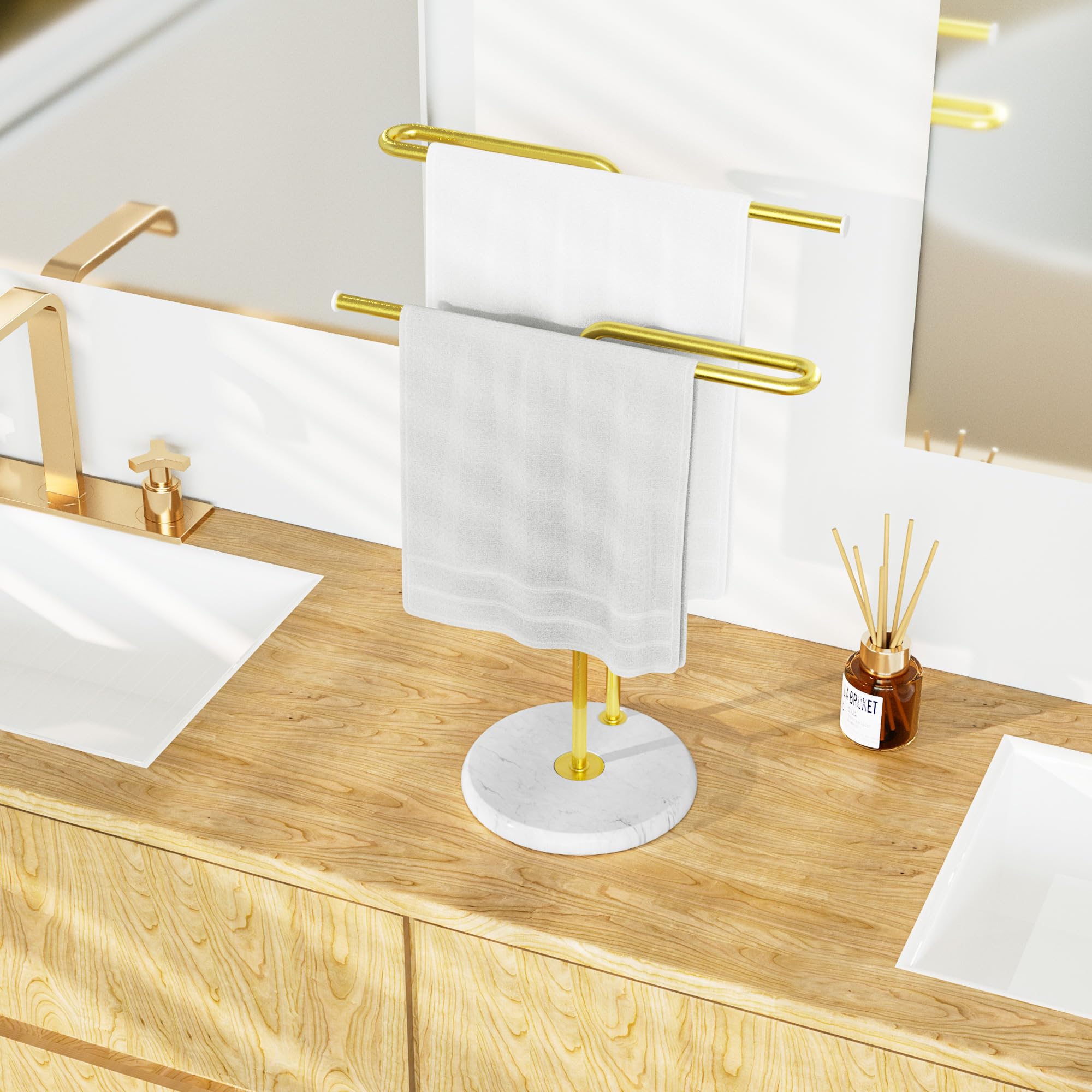 Alsonerbay Hand Towel Holder Marble, Double T Hand Towel Stand for Bathroom Counter Gold, 17" Height Free Standing Hand Towel Rack with Heavy Base for Kitchen or Vanity Countertop