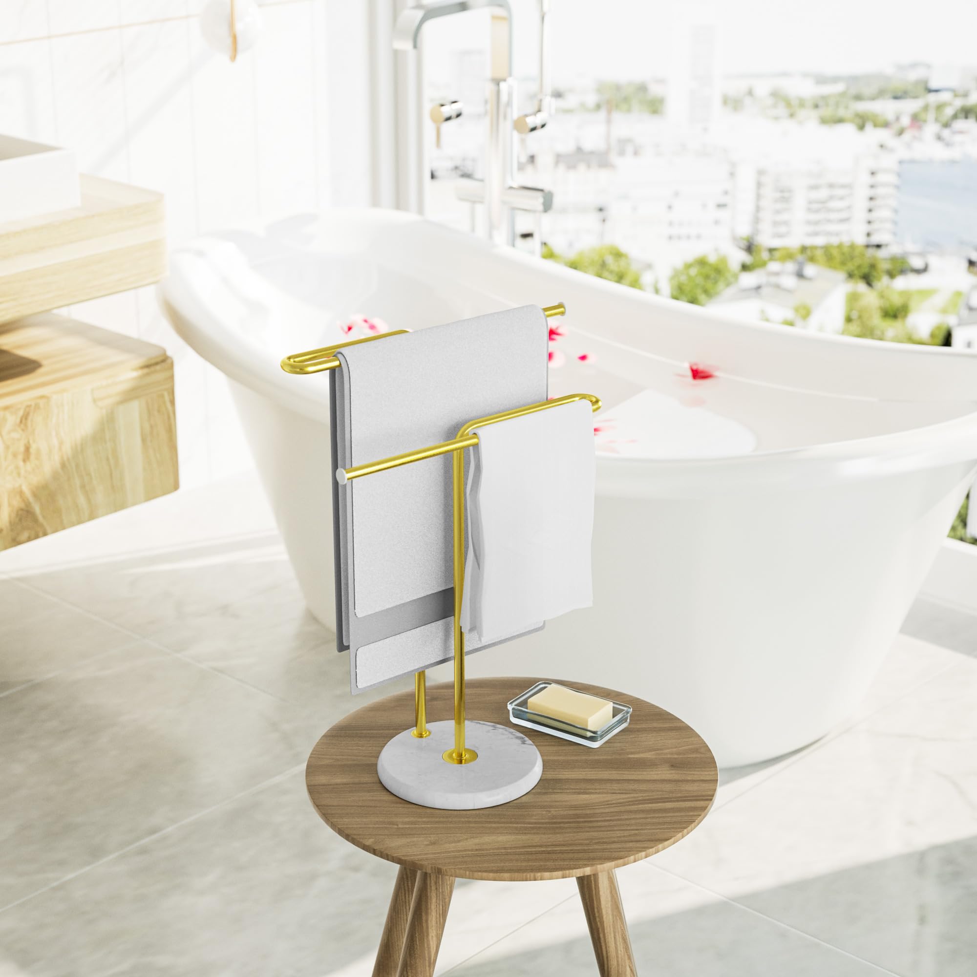 Alsonerbay Hand Towel Holder Marble, Double T Hand Towel Stand for Bathroom Counter Gold, 17" Height Free Standing Hand Towel Rack with Heavy Base for Kitchen or Vanity Countertop