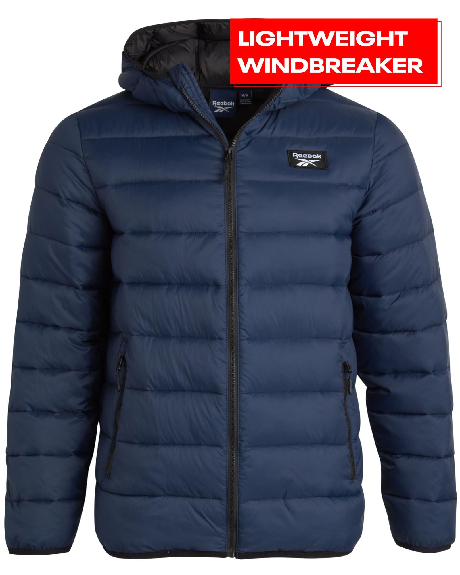 Reebok Men's Jacket – Lightweight Hooded Quilted Puffer Coat – Warm Insulated Winter Jacket for Men (S-4X), Size Medium, Solid Vector Navy