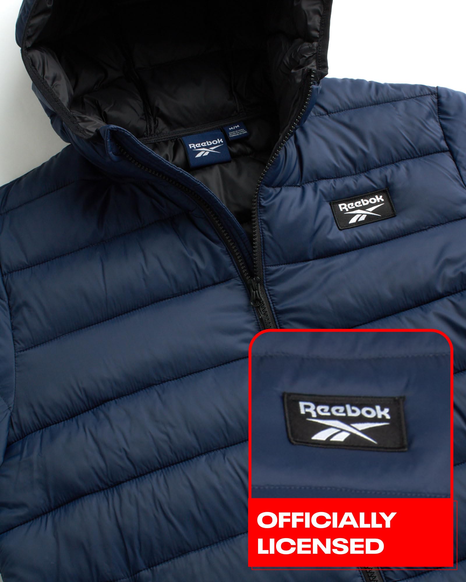 Reebok Men's Jacket – Lightweight Hooded Quilted Puffer Coat – Warm Insulated Winter Jacket for Men (S-4X), Size Medium, Solid Vector Navy