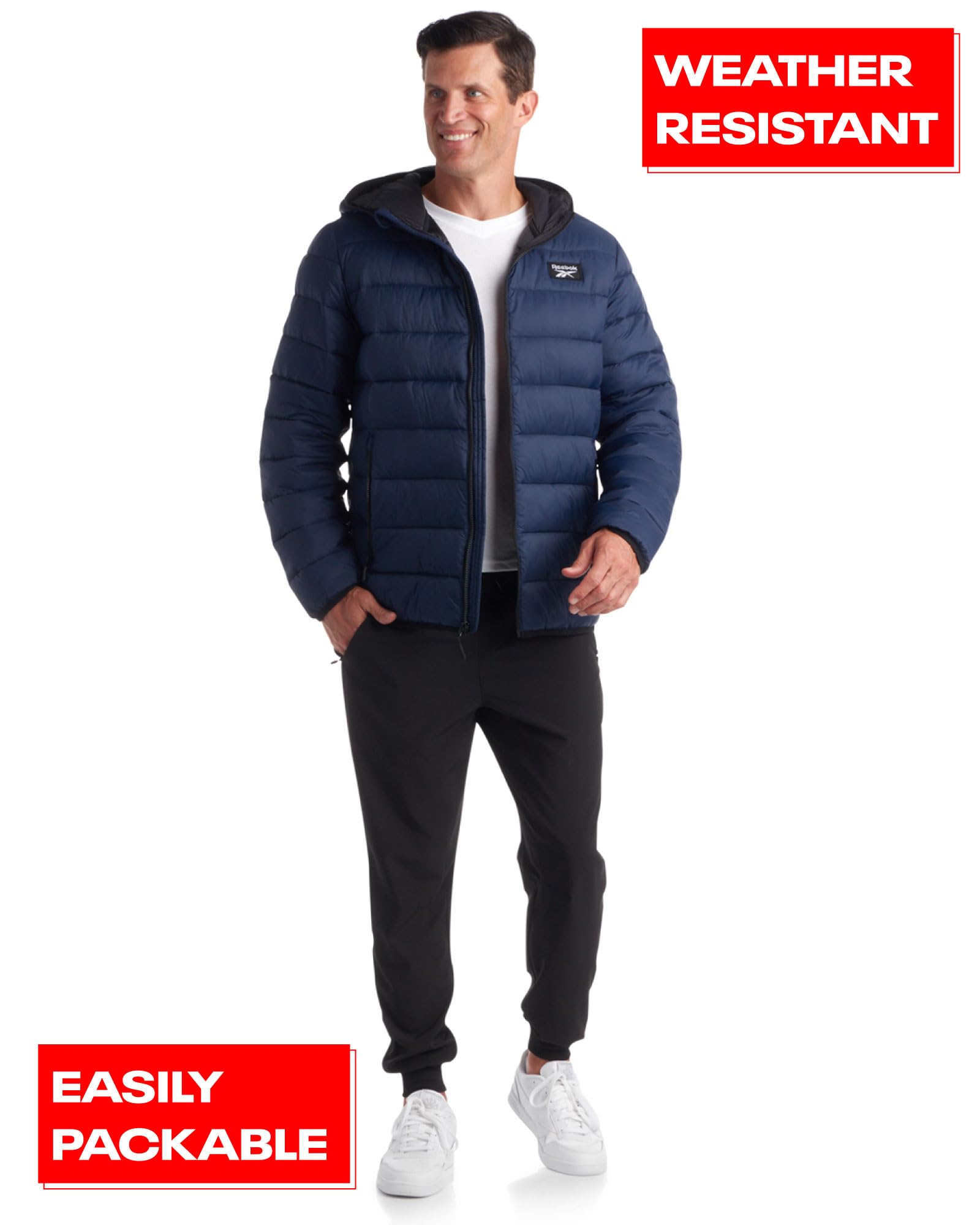 Reebok Men's Jacket – Lightweight Hooded Quilted Puffer Coat – Warm Insulated Winter Jacket for Men (S-4X), Size Medium, Solid Vector Navy