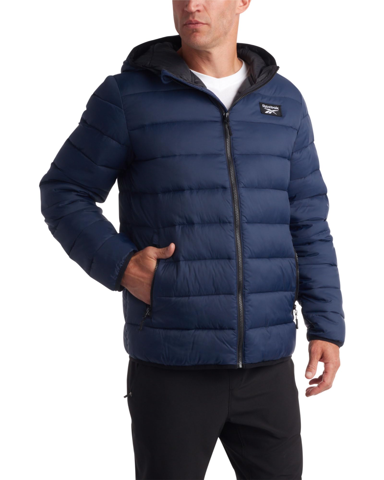 Reebok Men's Jacket – Lightweight Hooded Quilted Puffer Coat – Warm Insulated Winter Jacket for Men (S-4X), Size Medium, Solid Vector Navy