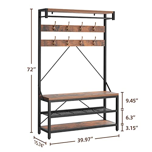 coucheta Industrial Storage Shoe Bench, 72" Mudroom Hall Tree with 8 Hanging Hooks, Rustic Brown