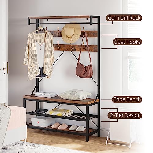 coucheta Industrial Storage Shoe Bench, 72" Mudroom Hall Tree with 8 Hanging Hooks, Rustic Brown