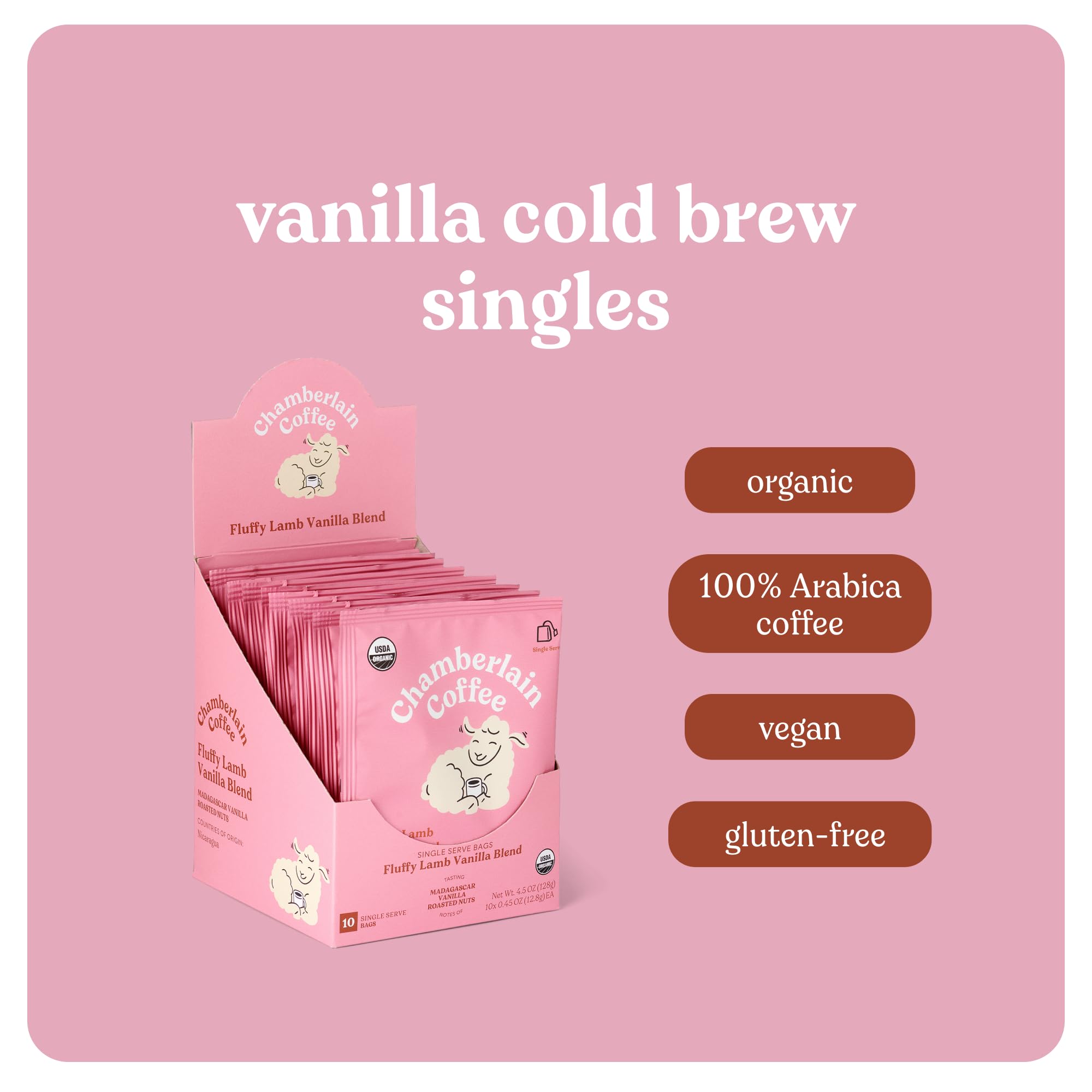 Chamberlain Coffee Fluffy Lamb Vanilla Cold Brew Singles - Cold Brew Coffee Bags with Notes of Vanilla & Roasted Nuts - 10 Single Serve Cold Brew Sachets