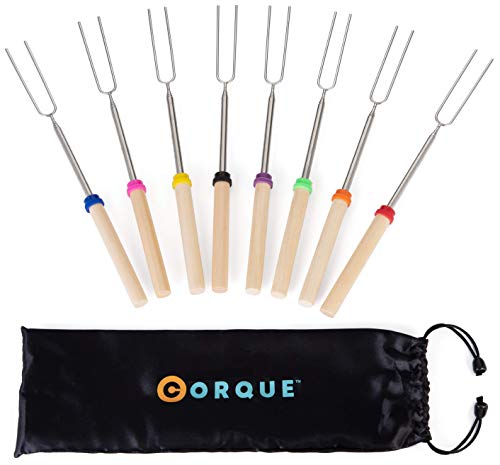 CORQUE Marshmallow Roasting Sticks, Smores Sticks, Extendable, Camping Skewer for Fire Pit, Wooden Handle, 32inch Metal for BBQ Hotdog, Cooking, Campfires, Bonfires, Set of 8