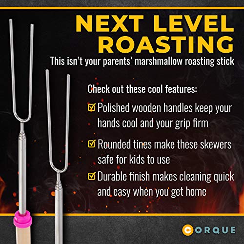 CORQUE Marshmallow Roasting Sticks, Smores Sticks, Extendable, Camping Skewer for Fire Pit, Wooden Handle, 32inch Metal for BBQ Hotdog, Cooking, Campfires, Bonfires, Set of 8