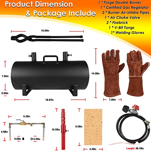 Yoursme Propane Gas Forge, Double Burner Blacksmithing Forge Large Capacity Forge, Oval Propane Burner Forge with 16.85¡®¡¯ V-Bit Tongs & Leather Welding Gloves for Farrier, Knife and Tool Making