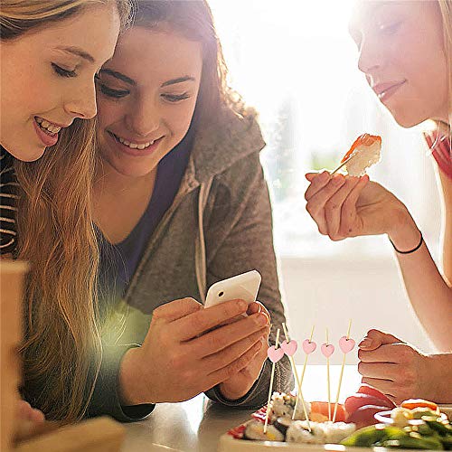 Minisland Pink Heart Fancy Toothpicks for Appetizers 4.7 Inch Long Cute Bamboo Cocktail Picks Wedding Valentines Day Party Food Fruit Drinks Decorative Skewer Sticks 100 Counts -MSL134