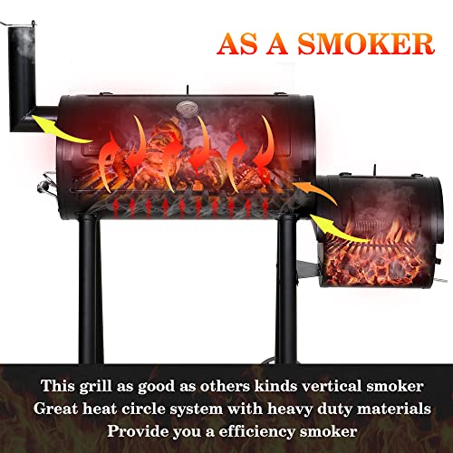 MFSTUDIO Heavy Duty Outdoor Smoker, Portable BBQ Charcoal Grill with Offset Smoker, 512 Sq.In. Cooking Area for Camping and Picnic, Black