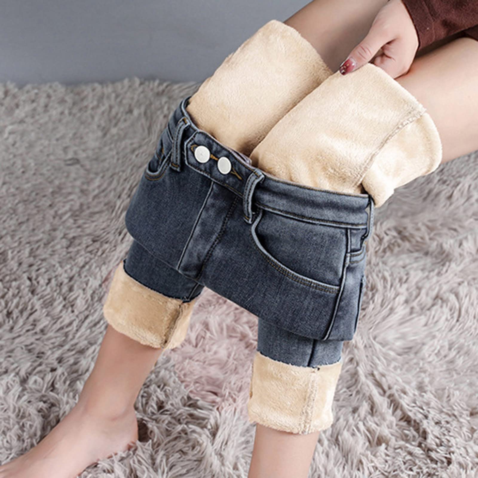Lined Leggings for Women Winter Warm Elastic Thermal Legging Pants Sherpa Fleece Lined Thick Tights Denim Pant