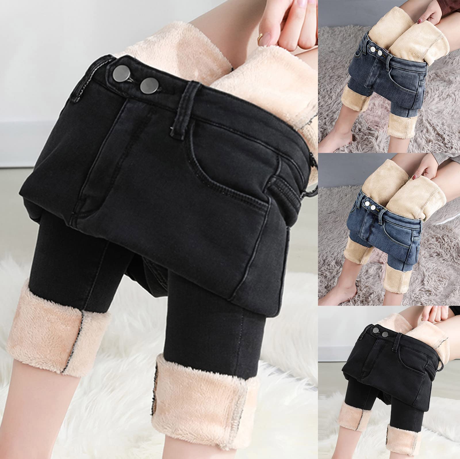 Lined Leggings for Women Winter Warm Elastic Thermal Legging Pants Sherpa Fleece Lined Thick Tights Denim Pant