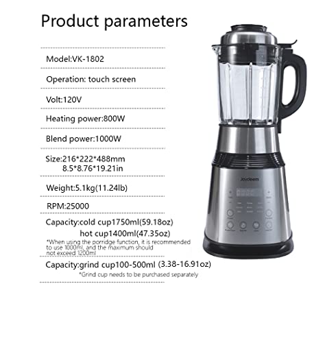 Joydeem Countertop Blender VK-1802, Cooking Blender for Soy Milk Soup Porridge and Milkshake, Juicer with Vacuum Pump, Support Pre-set & Keep Warm, 59Oz,1000W, Black
