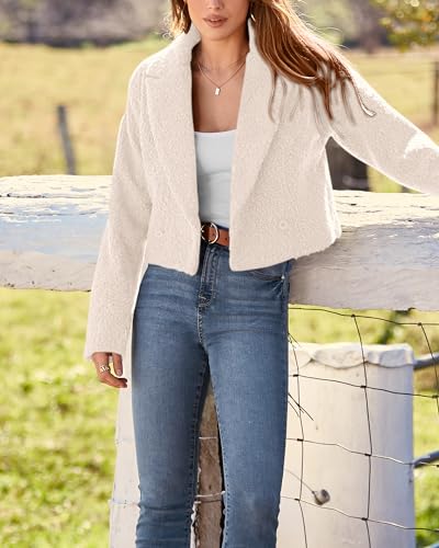 BTFBM 2023 Women's Fashion Fuzzy Fleece Short Jacket Fall Winter Lapel Button Down Outerwear Long Sleeve Faux Fur Coat(Solid Beige, Medium)