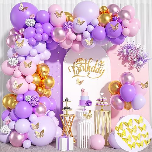 Purple and Pink Balloon Arch Kit, Pink Purple Gold Balloons Garland Kit with Butterfly Sticker for Purple Theme Birthday Party Bridal Wedding Decorations Baby Shower for Girl Women