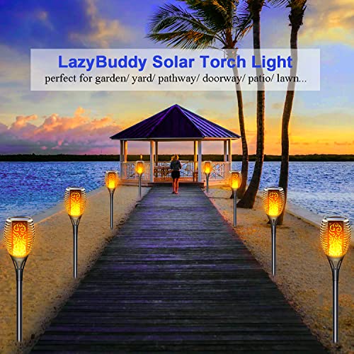 LazyBuddy Solar Torch Light with Flickering Flame, Upgraded 3 in 1 Solar Fire Lights Outdoor Hanging Lanterns, Large Solar Powered Christmas Decorations Tiki Torches for Garden, Pathway, Lawn, Yard