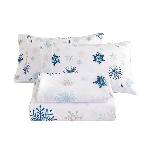 Mooreeke Christmas Holiday Full Sheets, Snowflake Printed Full Bed Sheet Set with Deep Pocket Non-Slip Fitted Winter Sheet