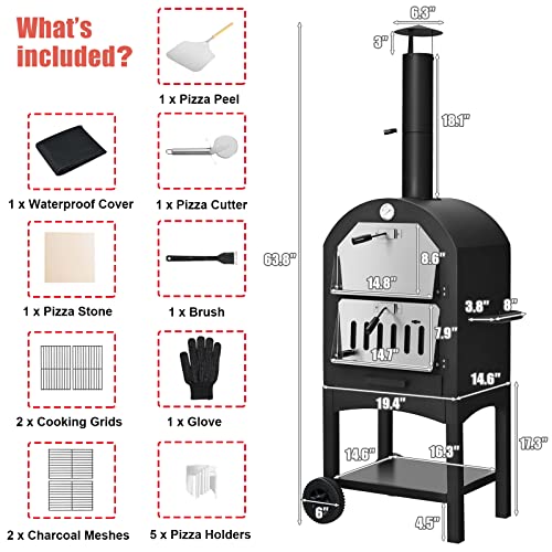 Giantex Pizza Oven Outdoor, Wood Fire Pizza Grill Maker with Waterproof Cover, Pizza Stone and Peel, 2 Layer Steel Pizza Oven Cooker with Wheels for Barbecue Camping Backyard Party