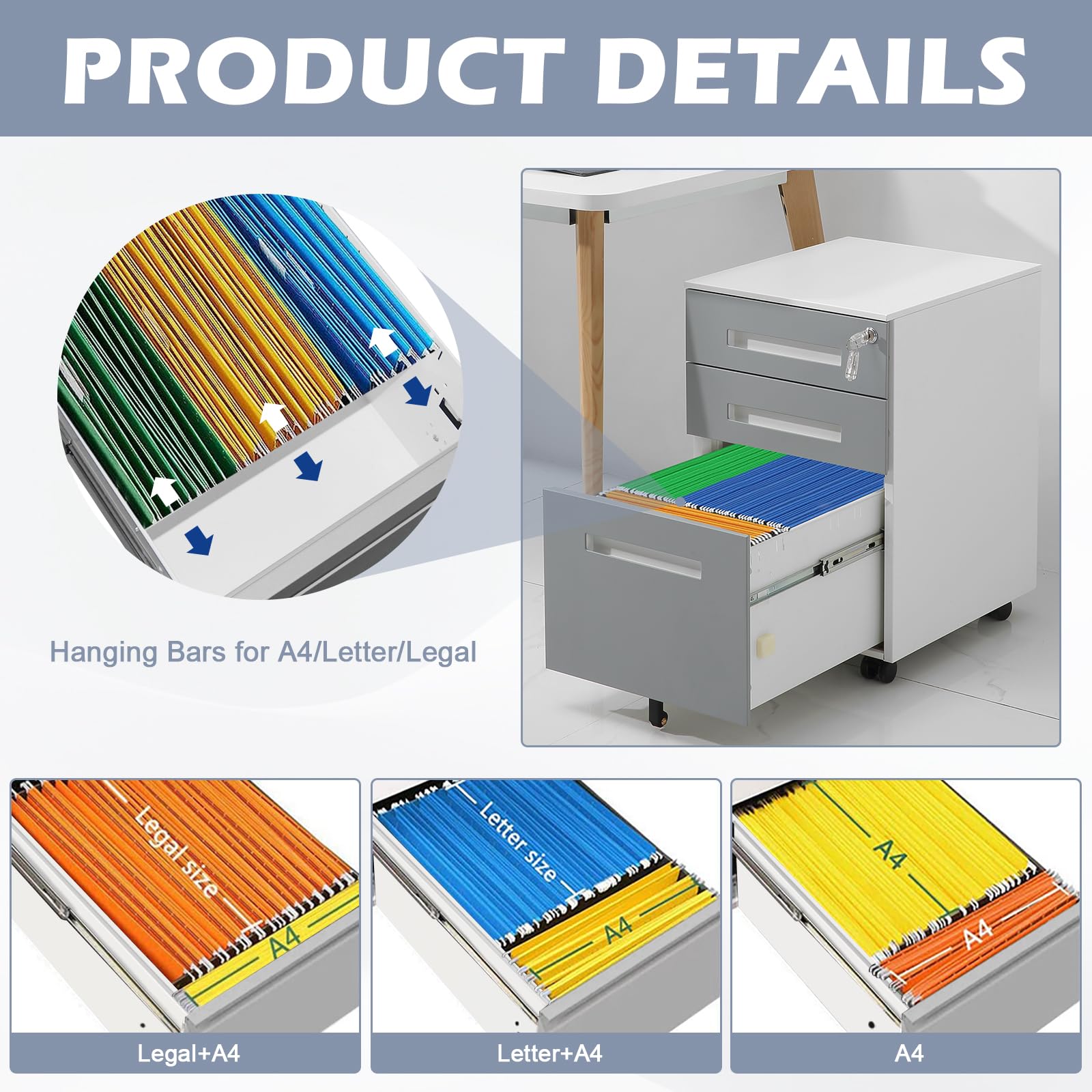 YIGUO 3 Drawer Mobile File Cabinet with Lock