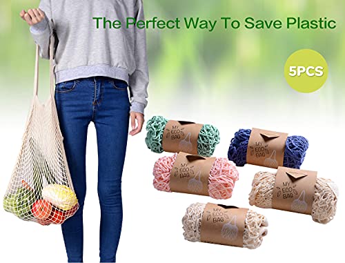 S SRYSITA 5 Pack My Eco Bag Portable Large Reusable Grocery Bags Fruit and Vegetable Bag Washable Cotton Mesh Bag Organic Organizer Shopping Handbag Long Handle Net Tote (Blue,Green,Beige,Pink)