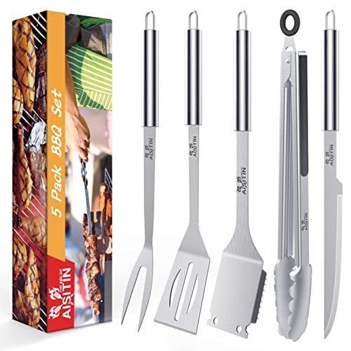 AISITIN 5 PCS Grill Accessories BBQ Set, Stainless Steel BBQ Grill Tools with Sturdy Spatula, Grilling Tongs, Fork and Brush, Ideal Grill Set for Outdoor Indoor Grill