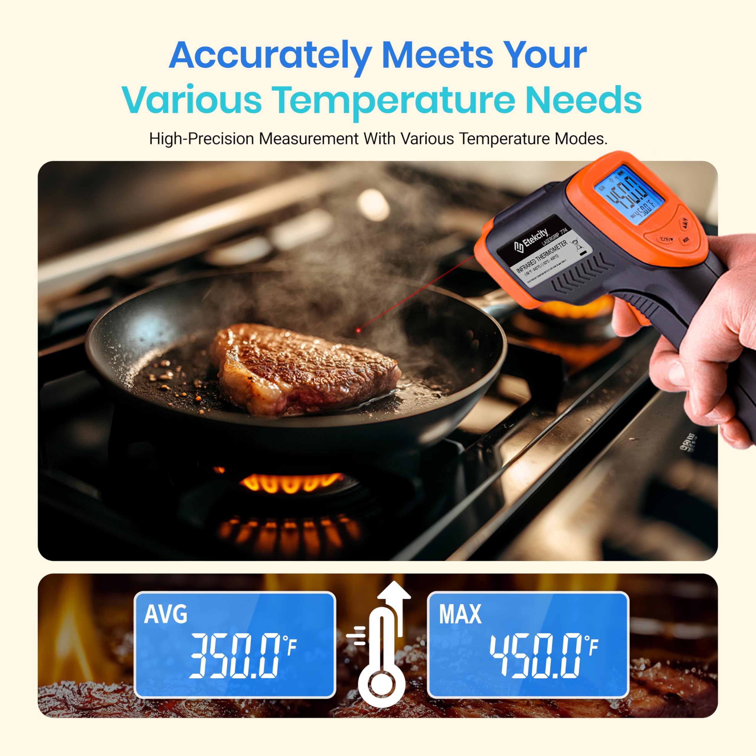 Etekcity Infrared Temperature Thermometer Gun, Laser Food Temp Gun for Pizza Oven, Griddle, Grill, Meat, Candy, Vehicle's Engine, Surface Temp Reader -58°F to 842°F, Orange