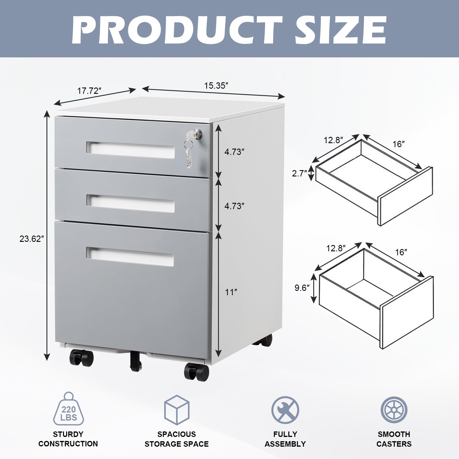 YIGUO 3 Drawer Mobile File Cabinet with Lock