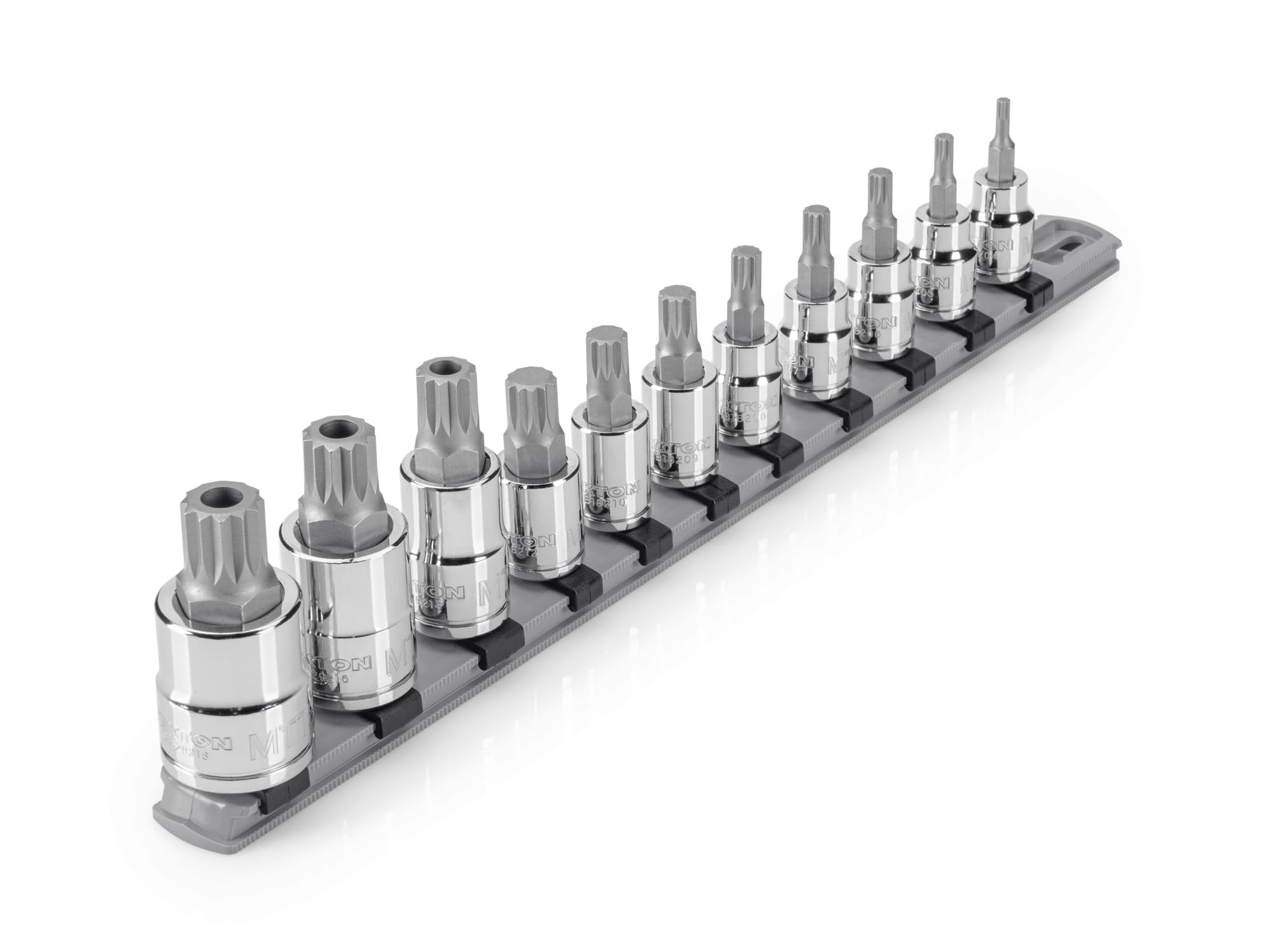 TEKTON 3/8 Inch Drive Triple Square and 1/2 Inch Drive TR Triple Square Bit Socket Set with Rail, 11-Piece (M4-M12, MT14-MT18) | SHB99100