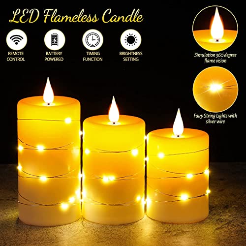 Won't Melt Flameless Candles,with Starry String Lights, Waterproof,Outdoor Indoor Battery Operated LED Candles with Remote Timers, Moving Flame, Ivory Paraffin Plating Plastic, Set of 3