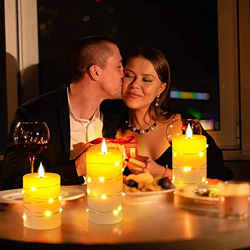 Won't Melt Flameless Candles,with Starry String Lights, Waterproof,Outdoor Indoor Battery Operated LED Candles with Remote Timers, Moving Flame, Ivory Paraffin Plating Plastic, Set of 3