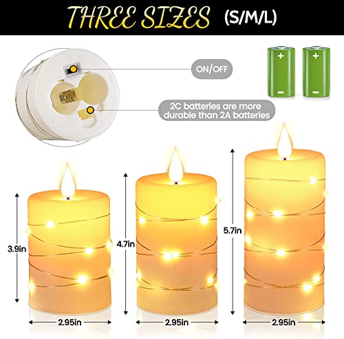 Won't Melt Flameless Candles,with Starry String Lights, Waterproof,Outdoor Indoor Battery Operated LED Candles with Remote Timers, Moving Flame, Ivory Paraffin Plating Plastic, Set of 3