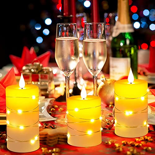 Won't Melt Flameless Candles,with Starry String Lights, Waterproof,Outdoor Indoor Battery Operated LED Candles with Remote Timers, Moving Flame, Ivory Paraffin Plating Plastic, Set of 3
