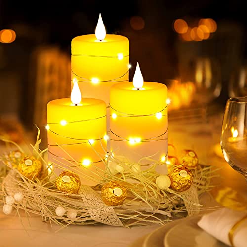 Won't Melt Flameless Candles,with Starry String Lights, Waterproof,Outdoor Indoor Battery Operated LED Candles with Remote Timers, Moving Flame, Ivory Paraffin Plating Plastic, Set of 3