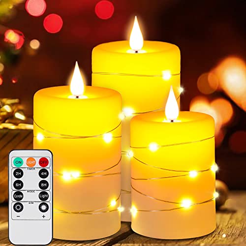 Won't Melt Flameless Candles,with Starry String Lights, Waterproof,Outdoor Indoor Battery Operated LED Candles with Remote Timers, Moving Flame, Ivory Paraffin Plating Plastic, Set of 3