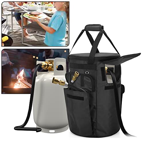 SAMDEW Propane Tank Cover, 20lb Propane Gas Tank Bag with Side Flip Flap and Stable Tabletop Feature, 2 Storage Pockets, Ventilated with 4 Holes, Water & Wear Resistant, Black, Bag Only
