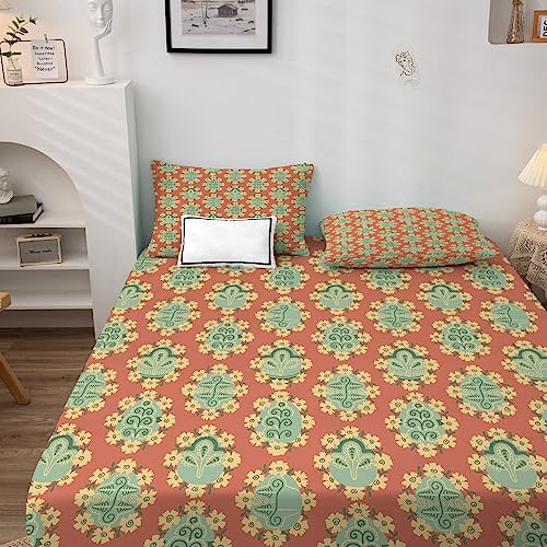 Flower Sheets Full Size, Retro Bed Sheets, Patterned Bedding Sheets & Pillowcases 4 Piece Set - Soft Microfiber Deep Pocket Fitted Sheet & Flat Sheet & 2 Pillow Cases F3-&-184