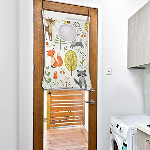 Woodland Animals Hanging Laundry Hamper Bag with 2 Door Hooks, Fox Elk Bear Mushroom Holding Dirty Clothes Bag, Saving Space Hanging Laundry Bag for Door Wall, Closet, Bathroom