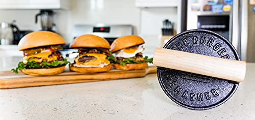 The Burger Smasher - Cast Iron Burger Press Kit w/Patty Paper Included | Hamburger Press Perfect for Flat Top Grill, Cast Iron Griddle or Skillet | Meat Press and Grill Press