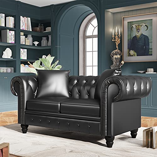 Pannow 63 Inch Upholstered Loveseat Sofa, Classic Chesterfield Couch with 2 Pillows and Roll Arms, Button Tufted PU Leather Sofa for Living Room Bedroom Guest Room, Black