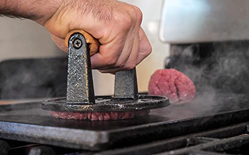 The Burger Smasher - Cast Iron Burger Press Kit w/Patty Paper Included | Hamburger Press Perfect for Flat Top Grill, Cast Iron Griddle or Skillet | Meat Press and Grill Press