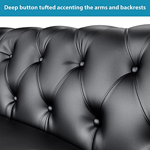 Pannow 63 Inch Upholstered Loveseat Sofa, Classic Chesterfield Couch with 2 Pillows and Roll Arms, Button Tufted PU Leather Sofa for Living Room Bedroom Guest Room, Black