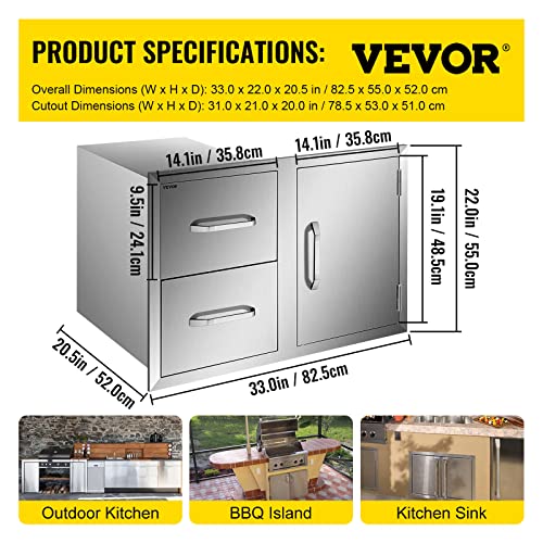 VBENLEM Outdoor Kitchen Drawers Combo 32.5x21.6 Inch Stainless Steel Access Door/Double Drawers with Paper Towel Rack for Outdoor BBQ Island & Kitchen
