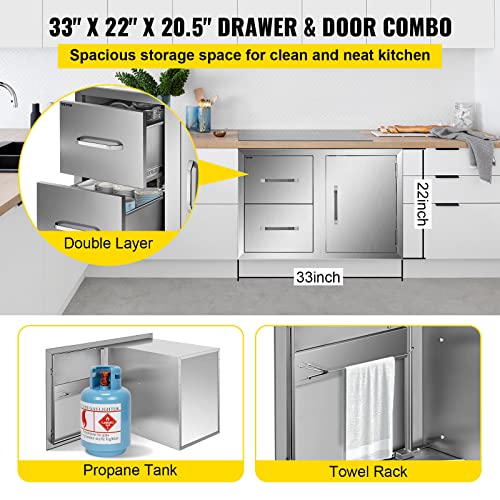 VBENLEM Outdoor Kitchen Drawers Combo 32.5x21.6 Inch Stainless Steel Access Door/Double Drawers with Paper Towel Rack for Outdoor BBQ Island & Kitchen