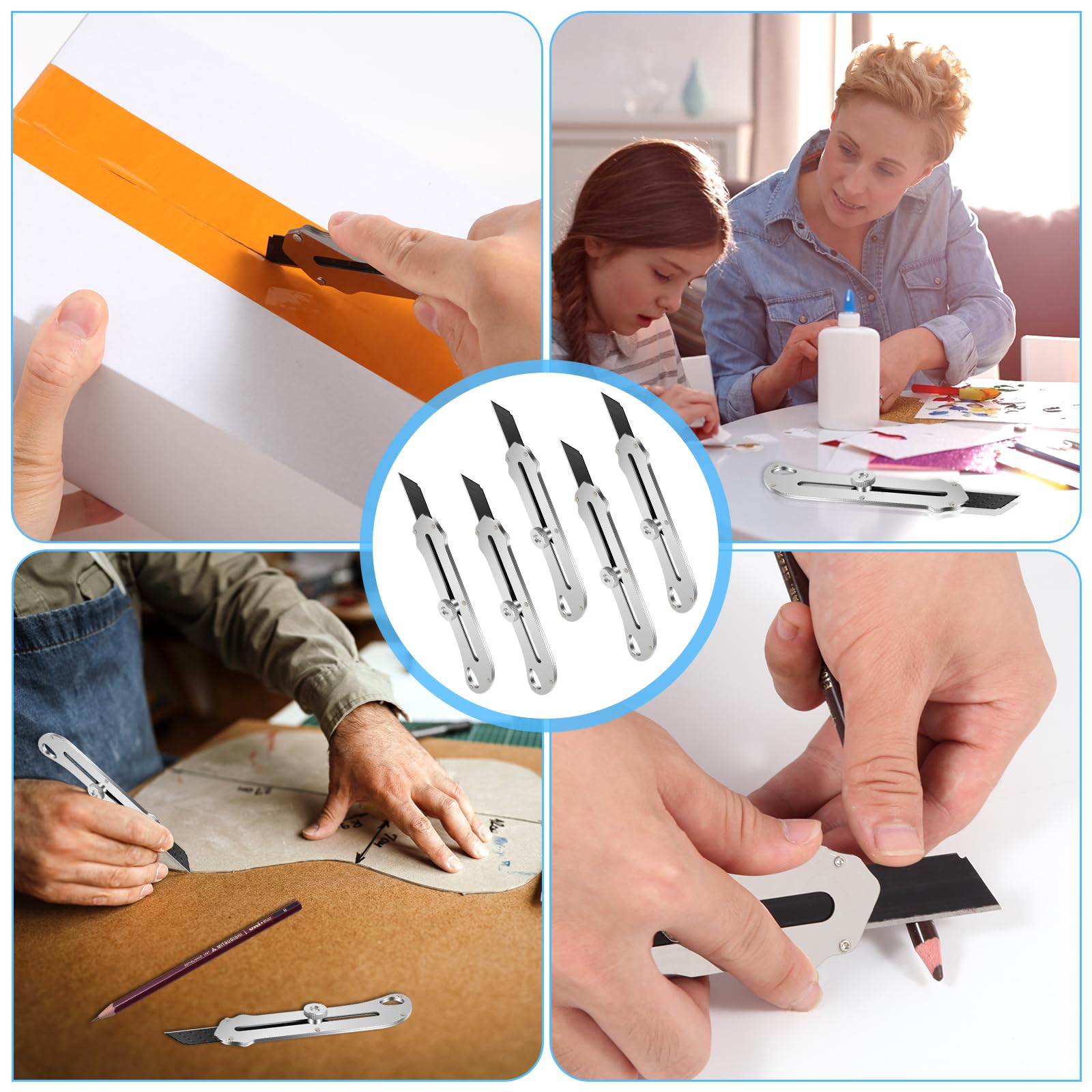 wapstibck 5 PACK Utility Knife Set, Stainless Steel Heavy Duty Multifunctional Retractable Box Cutter with 50 PCS SK5 Blades for Cardboard Packages Boxes Paper