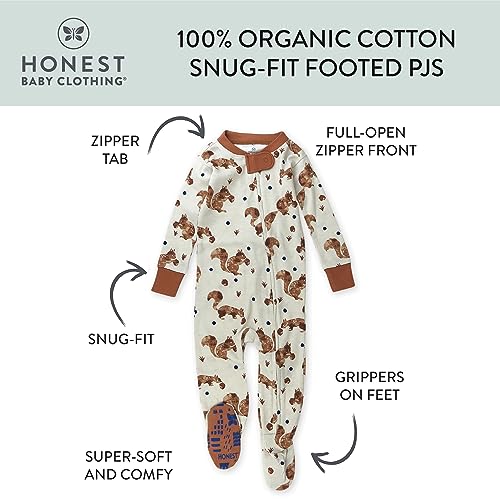 HonestBaby Non-Slip Footed Pajamas One-Piece Sleeper Jumpsuit Zip-Front PJs 100% Organic Cotton for Baby Boys, Nuts, 18 Months